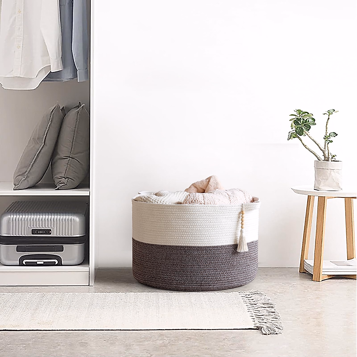 Mkono Extra Large Laundry Basket Woven Cotton Rope Storage Baskets for Blankets Toys Clothes Organizer, Decorative Clothes Hamper with Handle, 21.7" x 13.8"