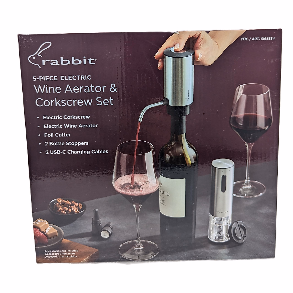 Rabbit Electric Wine Tool Set - 5-Piece Wine Accessory Collection - Aerator, Corkscrew, Cutter, Stoppers, Charging Cables