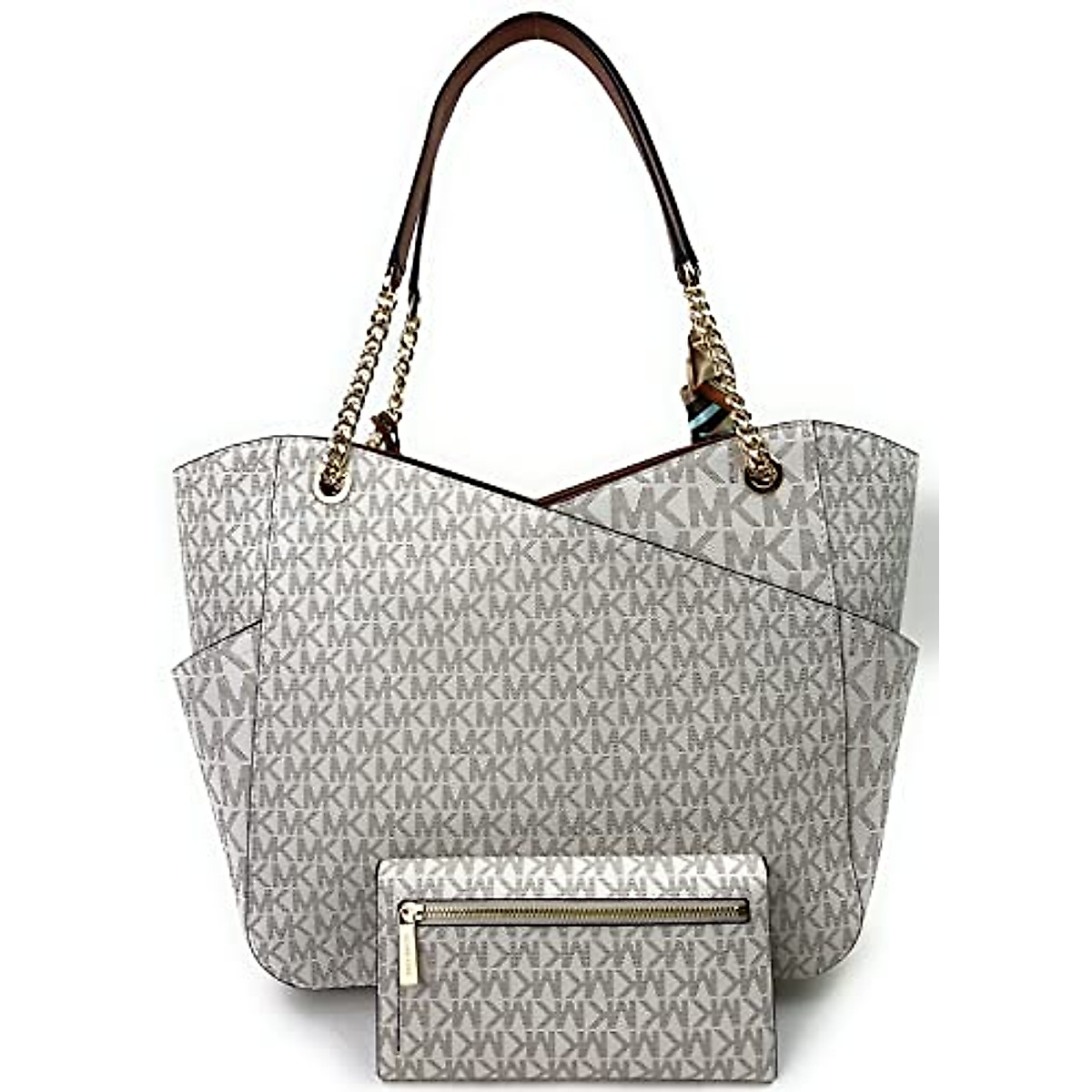 MICHAEL Michael Kors Jet Set Travel Large Chain Shoulder Tote bundled with Michael Kors Jet Set Travel Trifold Wallet (Signature MK Vanilla)