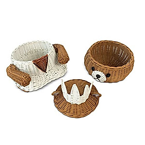 G6 COLLECTION Bear Rattan Storage Basket with Lid Decorative Bin Home Decor Hand Woven Shelf Organizer Cute Handmade Handcrafted Gift Art Decoration Artwork Wicker (Princess Bear)