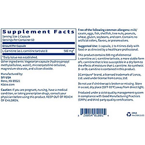 Klaire Labs L-Carnitine Tartrate - 500 mg Amino Acid, Stabilized L-Carnitine - No Synthetic D-Carnitine (60 Capsules)