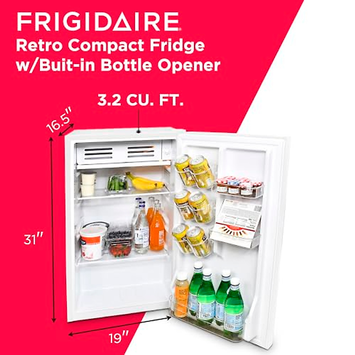 Frigidaire Retro Compact Fridge with Chiller, 3.2 cu ft Countertop Fridge with Built-In Bottle Opener, Compact Refrigerator for Office, Bedroom, Dorm Room or Cabin - 16.5" D x 19" W x 31" H (White)