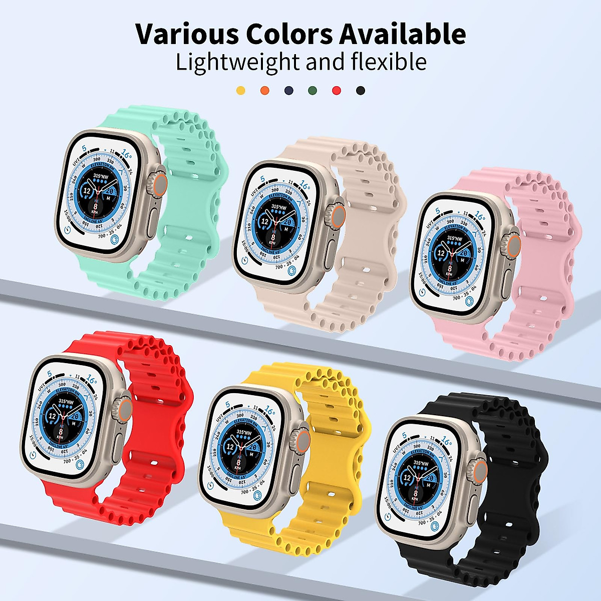 6 Packs Ocean Band Compatible with Apple Watch Ultra Band 49mm 46mm 45mm 44mm 42mm 41mm 40mm 38mm for women Men,Soft Waterproof Silicone Sport Strap for iWatch Bands Series Ultra 10 9 8 7 6 5 4 3 2 1 SE