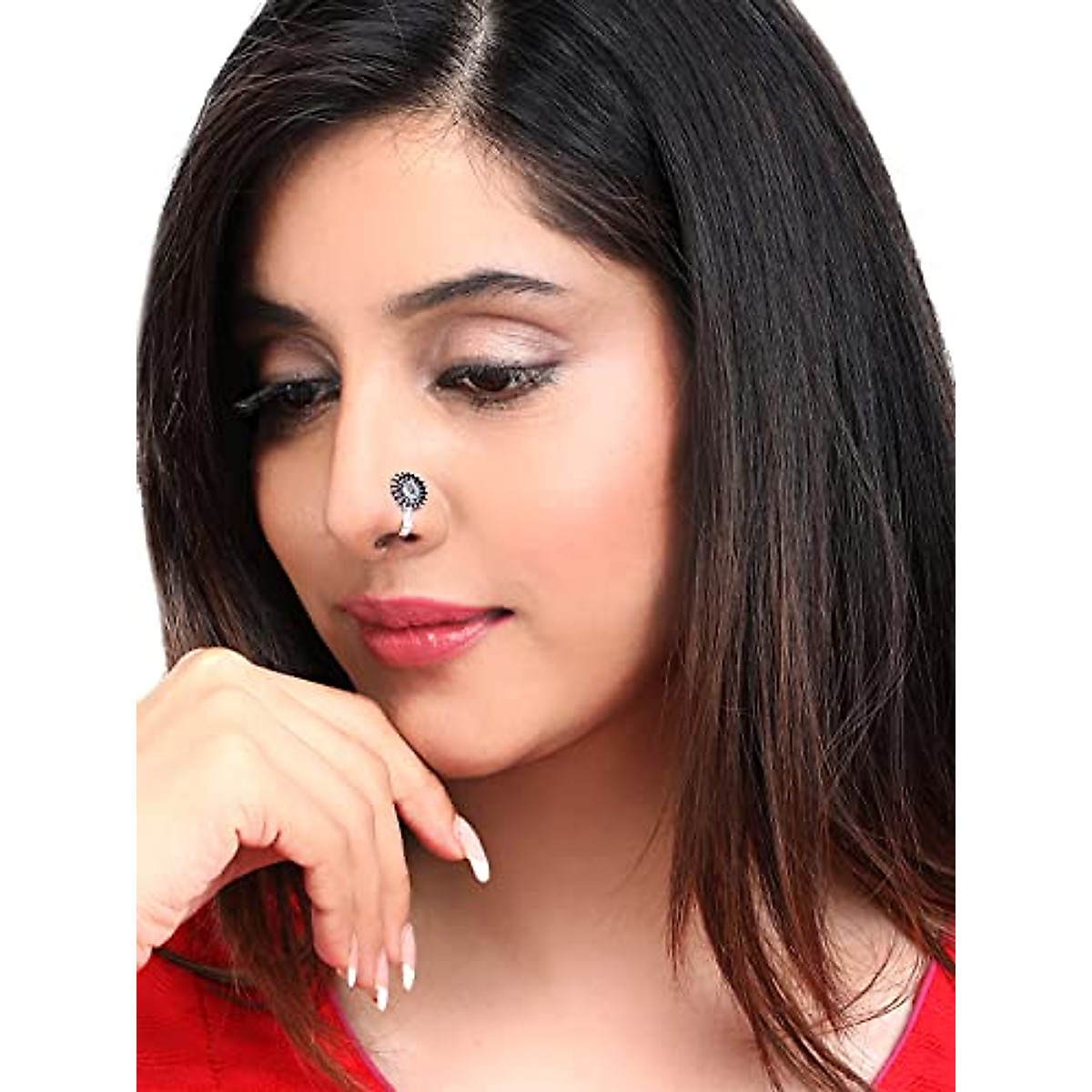 Yellow Chimes Antique Silver Oxidized 8 pcs combo set Ethnic Indian Traditional non-piercing Nose pin Jewelry for Women and Girls