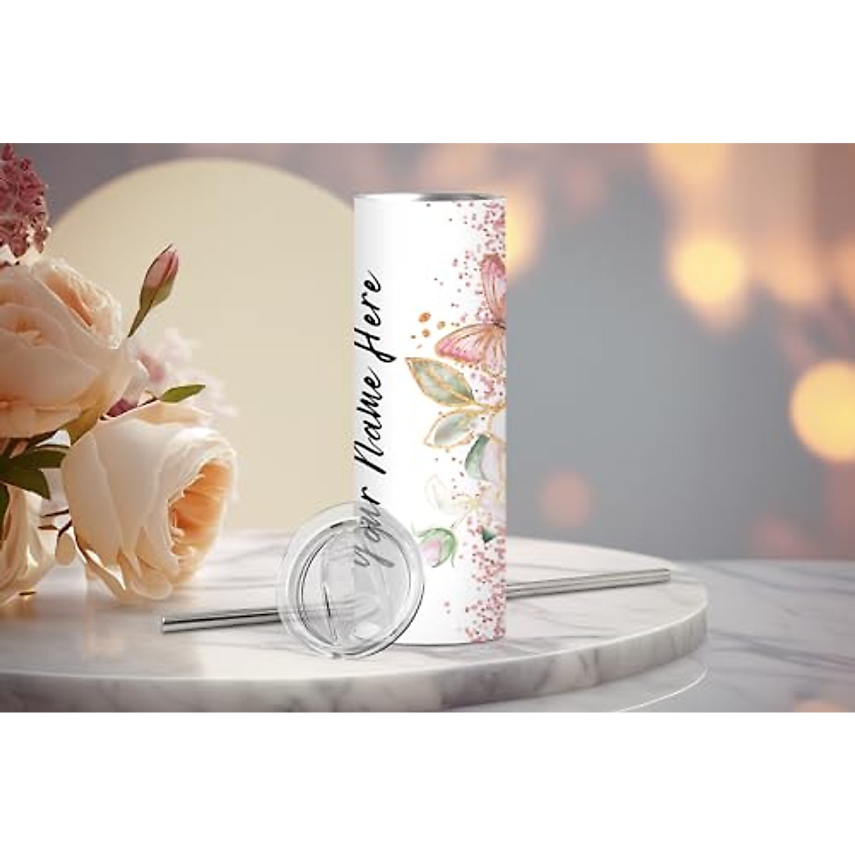 Personalized Flowered Skinny Tumbler 20Oz, Stainless Steel with lid, Straw, Brush and Non-Slip Base. Keep Drinks Hot or Cold. Use like Water Bottle, Coffee Mug, Travel Mug, Wine Cup. (Glitter Pink)