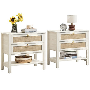 SICOTAS White Night Stand Set of 2, Large Nightstand with Drawers and Storage Shelf - Rattan Boho Bedside Table Narrow Side Table for Bedroom, Small Space
