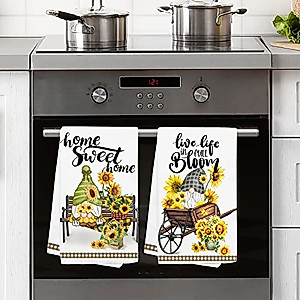 pinata Sunflower Kitchen Towels Set of 4-Gnome Bee Sunflower Dish Towels-Hello Sunshine Seasonal Tea Towels-Cute Home Sweet Home Hand Towels-Housewarming Gifts Sunflower Kitchen Decor for New Home