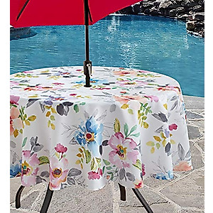 Benson Mills Spillproof Floral Spring/Summer Fabric Outdoor Tablecloth with Umbrella Hole, Zippered Table Cloth for Round Tables, Picnic/Patio (Harper, 70" Round with Umbrella Hole)