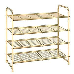Simple Trending 4-Tier Stackable Shoe Rack, Expandable & Adjustable Shoe Organizer Storage Shelf, Wire Grid, Golden Yellow