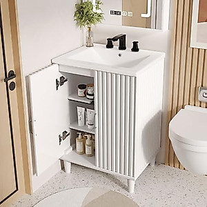 Merax, White 24" Bathroom Vanities Cabinet with Sink, Freestanding Multi-Functional Storage Organizer, Two Doors and Adjustable Shelves