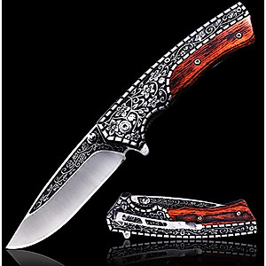 Vividstill Pocket Knife, Spring Assisted Folding Knife With 3D Retro Embossed Pattern, Great Gift EDC Knife For Men Outdoor Camping Hunting Knife