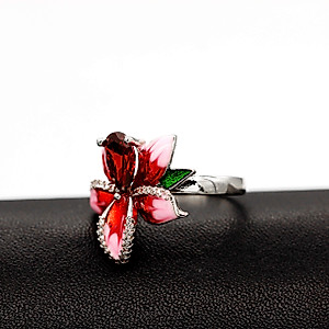 Uloveido Pear Cut Simulated Ruby Single Bloom Rose Flower Comfort Fit Cocktail Ring Platinum Plated Big Floral Rings Wedding Party Jewelry for Women (Size 6) RA627