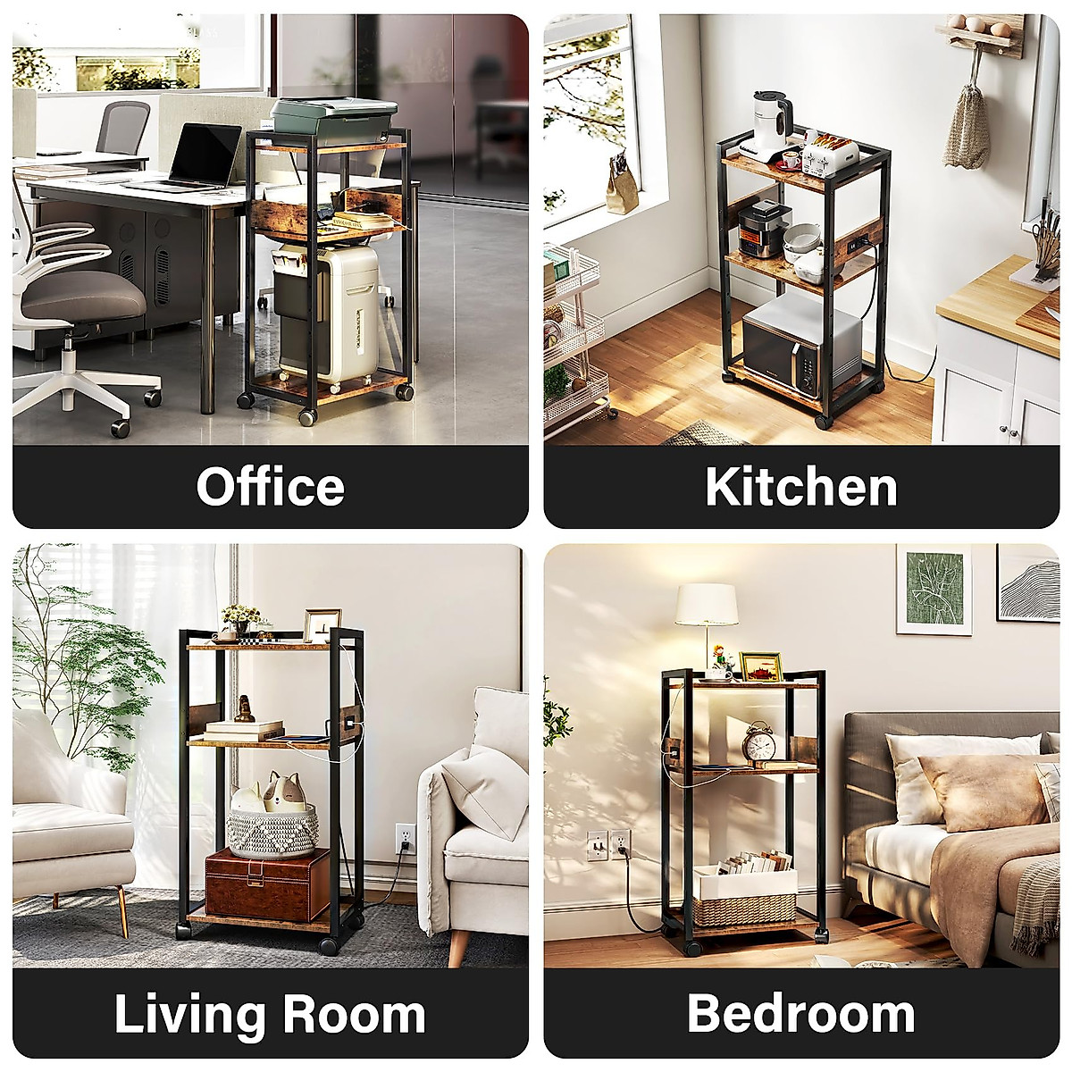 TC-HOMENY 3-Tier Movable Printer Stand with Storage Rolling Floor-Standing Deskside Shredder Computer Host Stand Adjustable Storage Shelf Rack on Wheels Multipurpose Stand for Printer