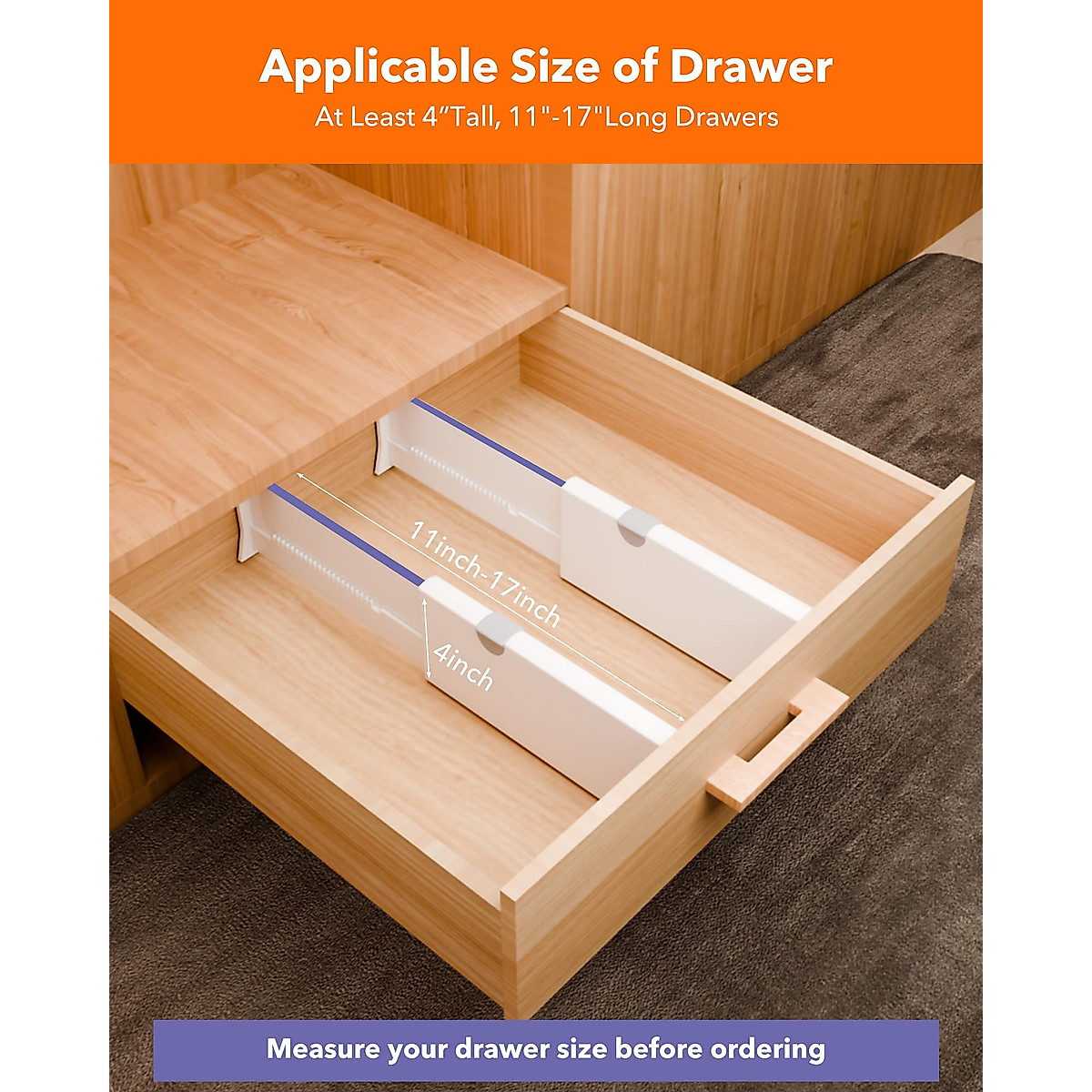 Brigii Drawer Dividers 4 Pack, Adjustable Separators 4" High Expandable from 11-17", for Bedroom, Closet, Kitchen Storage