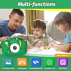 OUTUVAS Dinosaur Kids Camera for Boys, 12MP, 1080P HD Video, Rechargeable Battery, 32GB SD Card, Portable Lanyard, Educational Games, Green, 3-12 Years