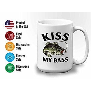 Fishing Coffee Mug 15oz White - Fisher, Retirement Dad - Fishing, Fish Lover, Hook, Bait, Reel, Rod, Spooling, Outdoor Hobby (Kiss Bass)