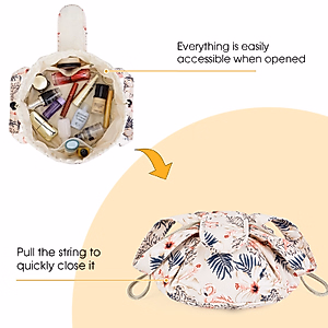 Barrel Drawstring Makeup Bag Large Cosmetic Bag Make up Bags Toiletry Organizer for Women (Beige Bird) (Patent Pending)