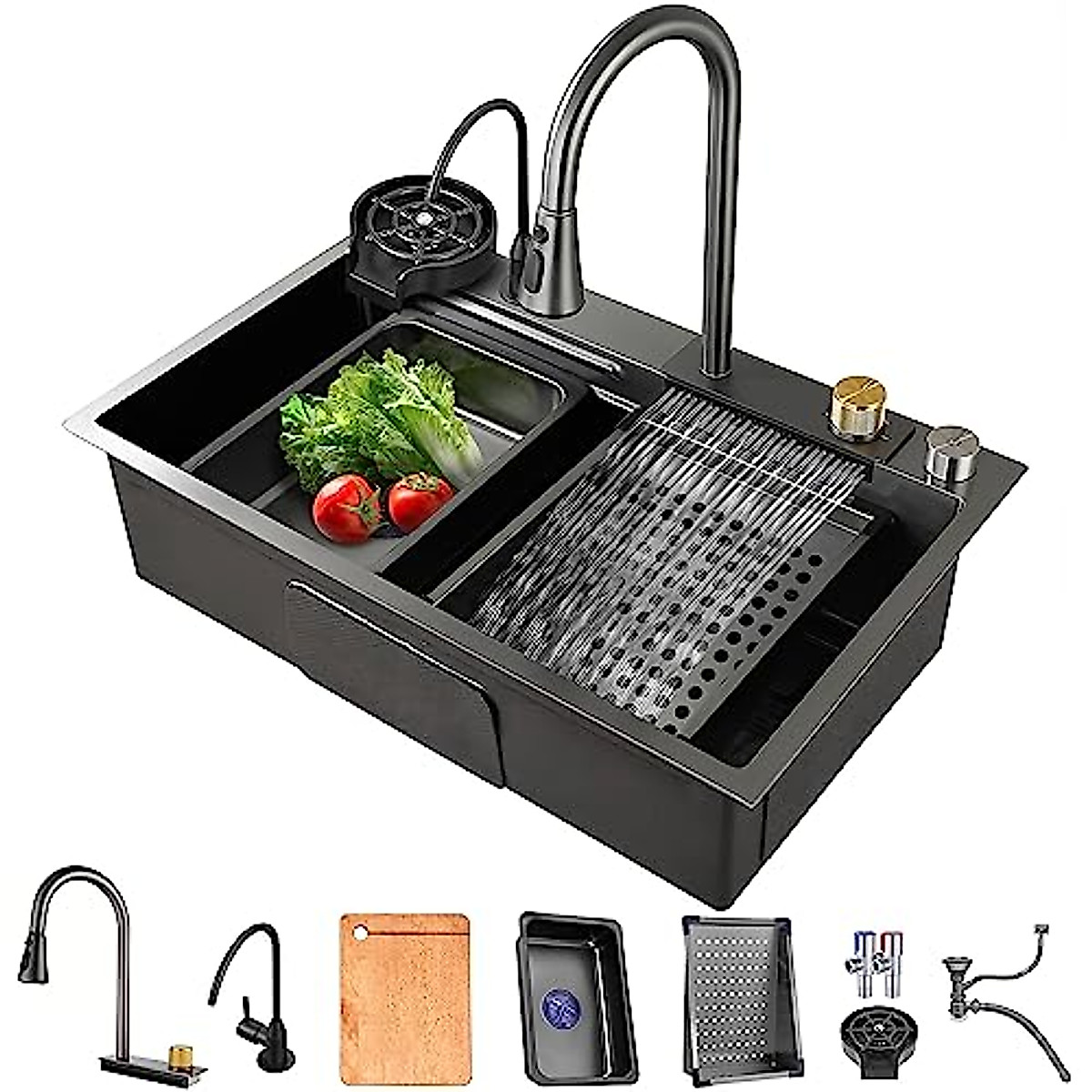 MWIDCIEW Drop In Kitchen Sink Gunmetal Gray Stainless Steel Waterfall Kitchen Sink with Pull Down Sprayhead Faucet Single Bowl Kitchen Sink Workstation with Multiple Accessories (31.5 x 17.7 inch)
