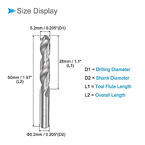 CoCud Solid Carbide Drill Bits, 5.2mm Diameter, YG6 (C2/K20) Tungsten Carbide Straight Shank Twist Drill Bits - (Applications: for Stainless Steel Alloy), 1-Piece