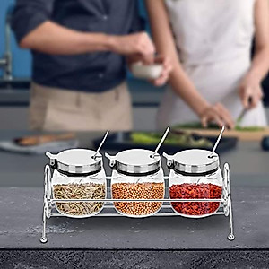 only fire Condiment Jar Spice Container with Lids, Stainless Steel Serving Spoons, Base Rack and Labels - Glass Seasoning Bottles Kitchen Accessories | Set of 3
