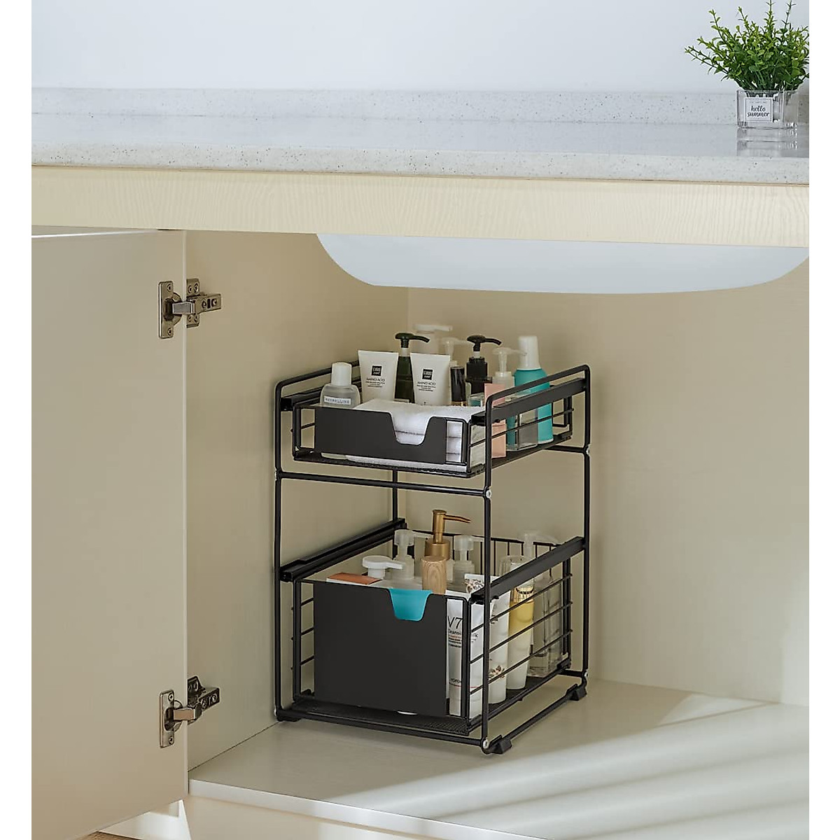 TidyEasy Under Sink Organizer 2-Tier,L-Shaped Cabinet Storage shelf with Sliding Drawer,Pull Out Home Organizers for Kitchen Bathroom (Large, Black)
