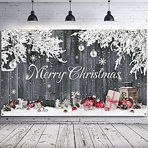 Christmas Wood Photography Backdrop Merry Christmas Santa Claus Gifts Background Rustic Barn Snowflakes Photo Background for Winter Holiday Home Decor Xmas Party Photography Props, 73 x 43 Inches