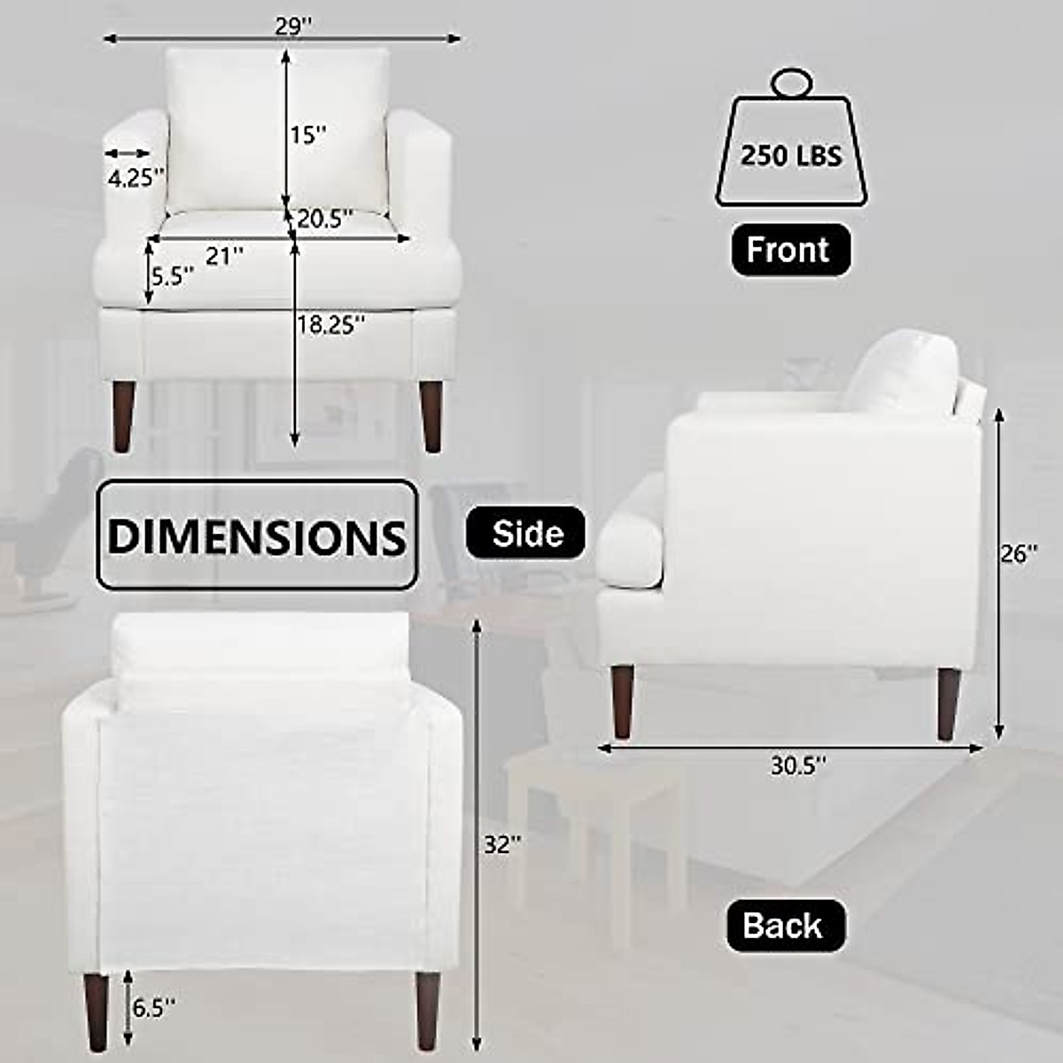 MIYZEAL Accent Chair, Tufted Upholstered Sofa Chair Comfy Armchair with Thick Cushion and Wood Legs, Mid-Century Modern Single Chairs for Compact Space Living Room Bedroom (White)