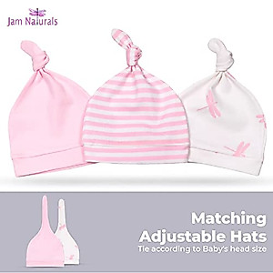 Jam Naturals- Organic Knotted Tie Bottom Adjustable Velcro Swaddle and Hat Set of 3, Newborn Sleep Sack (0-3m, 7-14lbs Pink)