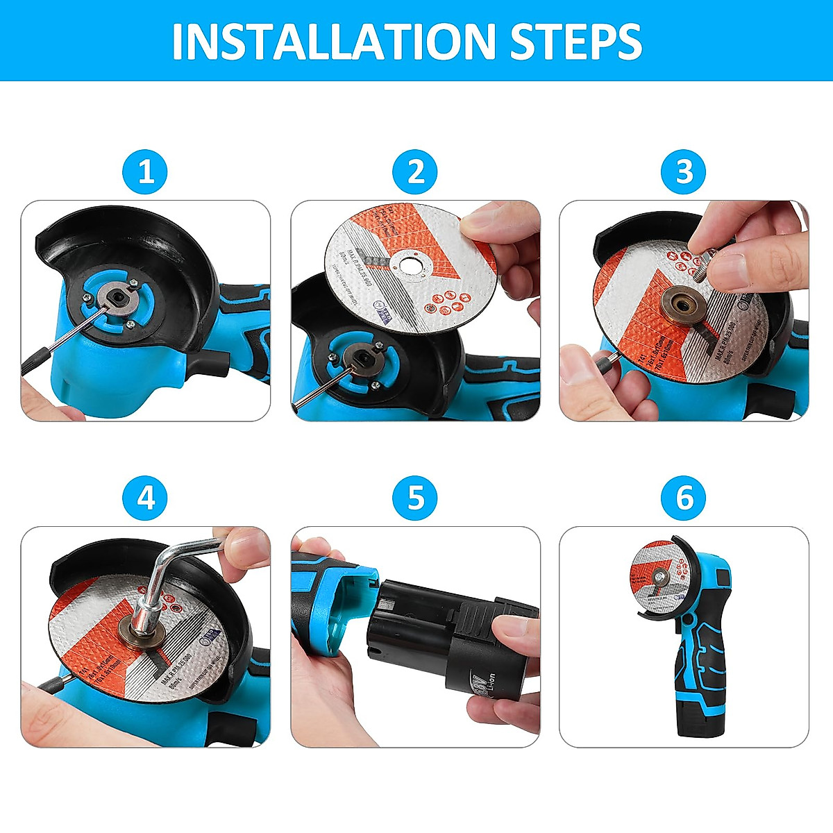 Mulcort Cordless Brush Angle Grinder Kit, 7000rpm Mini Electric Angle Grinding Tool, 2x16.8V 2000mAh Batteries and 6pcs Discs, Grinder Handheld Cutter for Metal Wood(Blue)