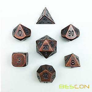 Bescon Antique Copper Solid Metal Polyhedral D&D Dice Set of 7 Old Copper Metal RPG Role Playing Game Dice 7pcs Set
