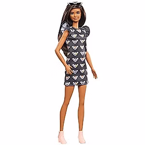 Barbie Fashionistas Doll #140 with Long Brunette Hair Wearing Mouse-Print Dress, Pink Booties & Sunglasses, Toy for Kids 3 to 8 Years Old