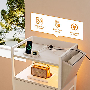 GipGiper White Nightstand with Charging Station, LED Nightstand with 4 Fabric Storage Drawers, Small Dresser for Bedroom, Entryway, Hallway, College Dorm Furniture Tall Nightstand Bedside End Table