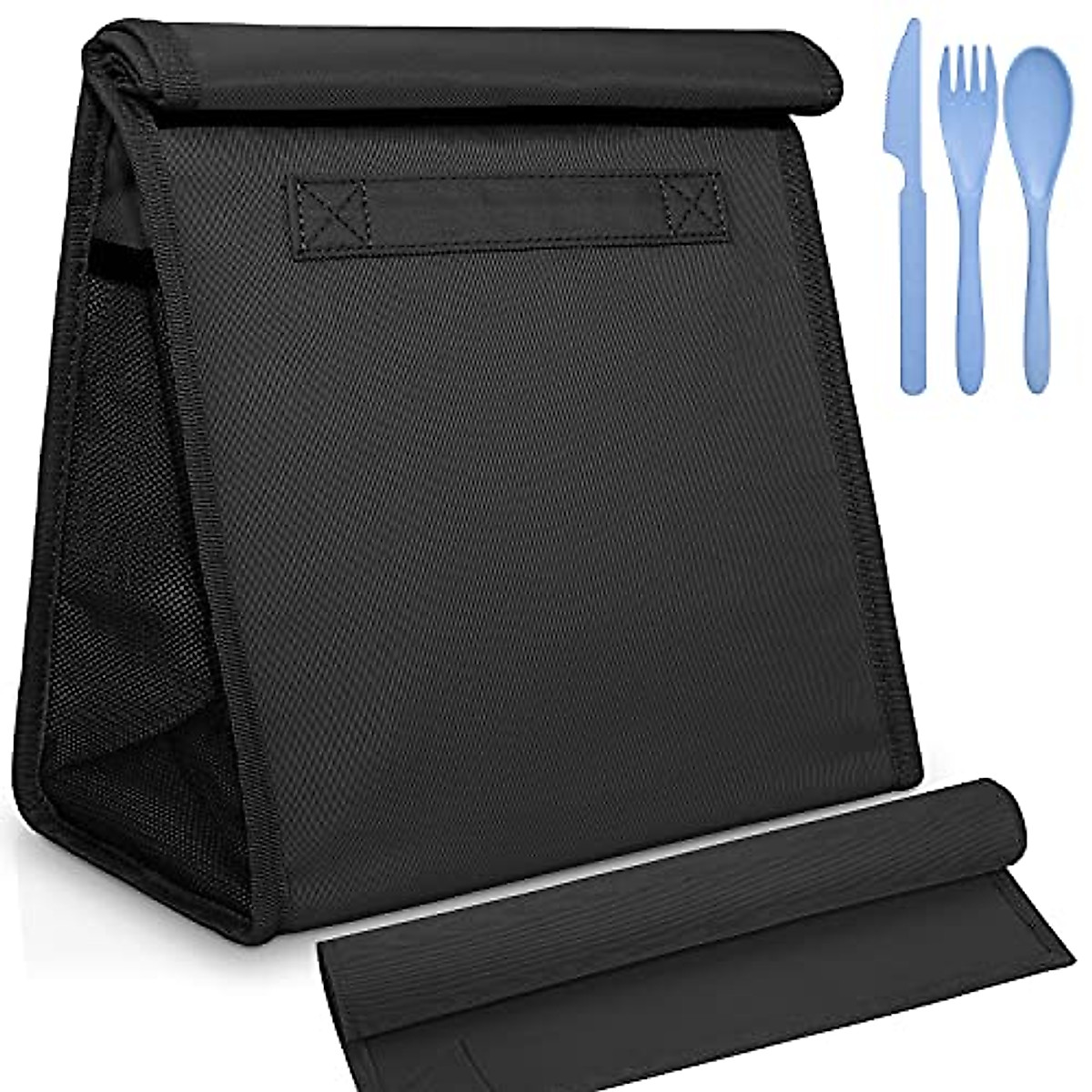 Reusable Lunch Sack Bag with Extra Storage Pockets, Knife, fork, spoon and Washable Napkin, Large Capacity Foldable Insulated Lunch Bag Tote for for Men, Women, Office, School,Picnic, Hiking (Black)