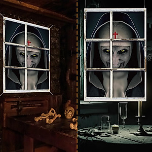 Halloween Window Cover Decorations, Fabric The Nun Creepy Halloween Curtain Horror Movie Poster Window Door Covering Decor for Haunted House, Scary Halloween Window Clings Decals Indoor Outdoor