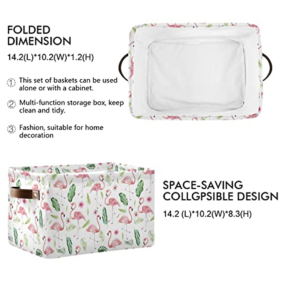 Kigai Jungle Foliage Flamingo Storage Bins for Shelves, Storage Basket with Double Handle, Foldable Storage Cubes with Metal Frame, Rectangular Closet Organizer Containers for Home Bedroom
