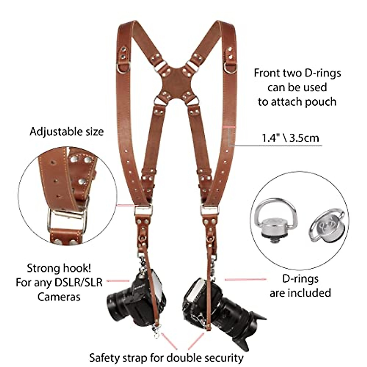 Camera Strap Accessories for Two-Cameras – Dual Shoulder Leather Harness – Multi Camera Gear for DSLR/SLR Strap by Coiro