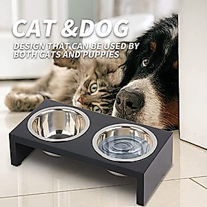 Pawise Elevated Dog Bowls, Raised Cat Feeder Elevated Food and Water Bowls Stand with 2 Stainless Steel Bowls and Anti Slip Feet, Wooden Frame Pet Feeder 750ml