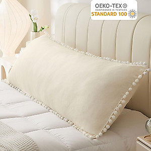 LIFEREVO Pom Poms Velvet Bed Body Pillow Cover, Long Soft Fuzzy Body Pillow Pillowcase 20x54, Cute Fringe Microfiber Body Pillow Case with Zipper, Luxury Decorative Plush Body Pillow Protector, Beige