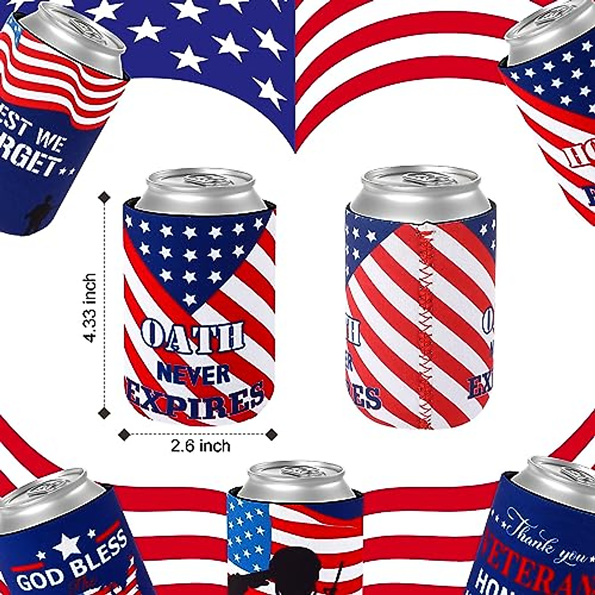Tenceur 48 Pcs Military Veteran Gifts Patriotic Gift American Flag Bottle Cooler Sleeves Collapsible Insulator Reusable Can Bottle for Veterans Day Memorial Day, 12 oz