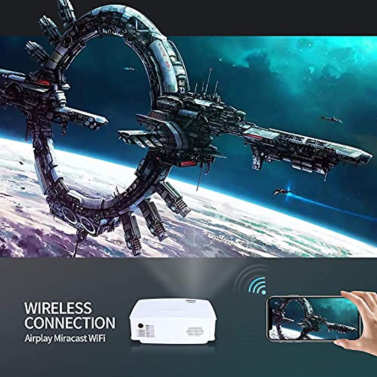 Projector, PONER SAUND WiFi Mini Projector 1080P Supported Home Outdoor Video Projector, 5500 Lux 210" Display Movie Projector, Compatible with Phone, Computer, Laptop, USB, HDMI, VGA