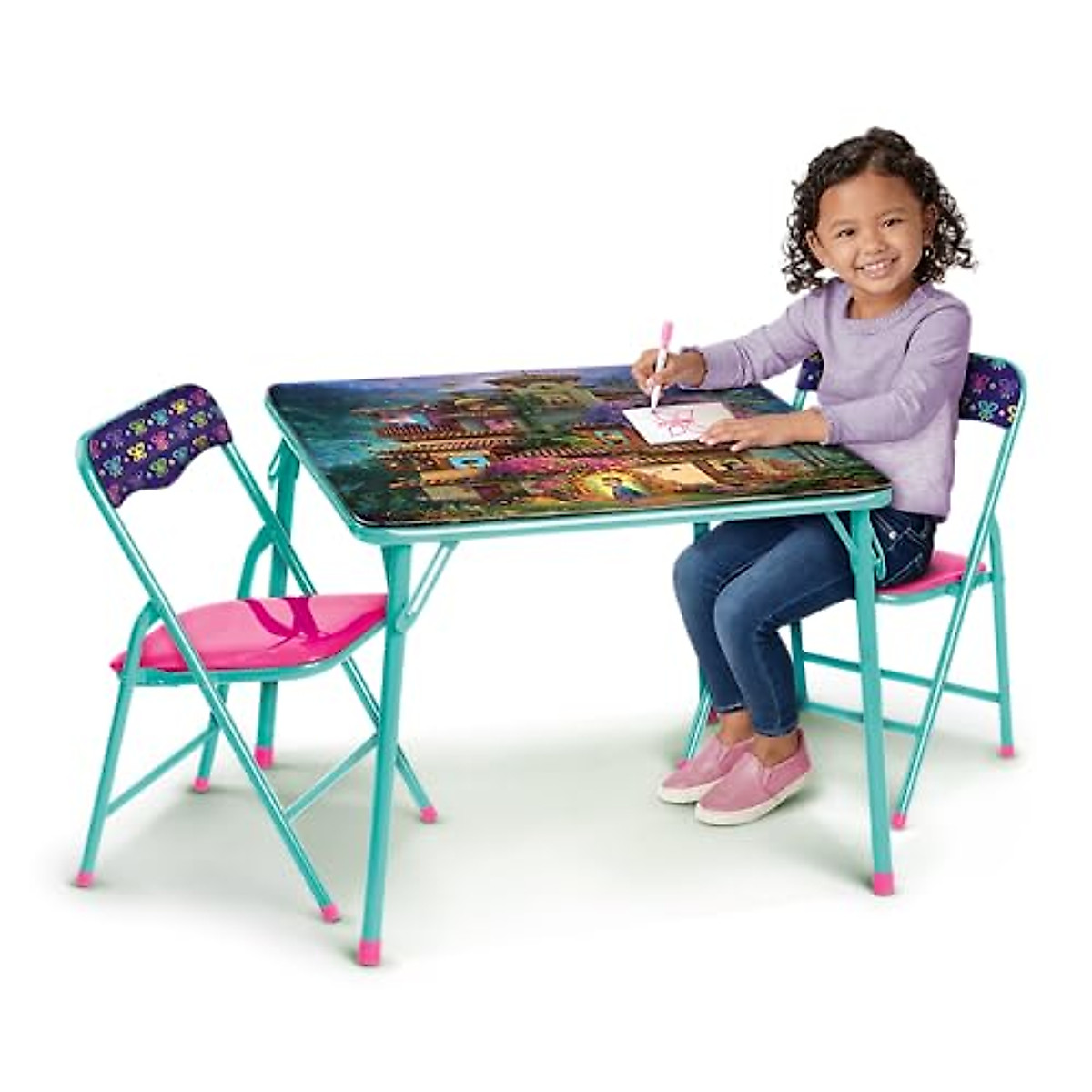 Disney's Encanto Kids Folding Table & Chairs Set for Kid and Toddler 36 Months Up To 7 years, Includes: 1 Table (36"L x 24"W x 20"H), 2 Chairs (13"L x 13.5"W x 21"H) Weight Limit: 70 lb