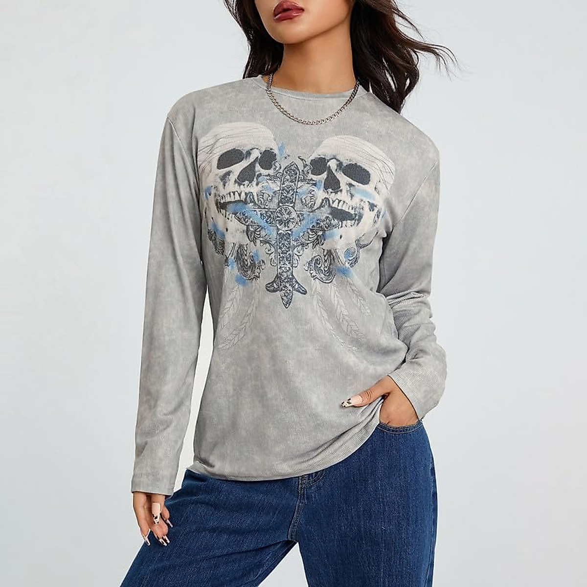 Women Goth T-Shirt Y2k Harajuku Graphic Tops Fairy Shirt for Women Long Sleeve Vintage Print Top Streetwear(A- Gray 1,S)