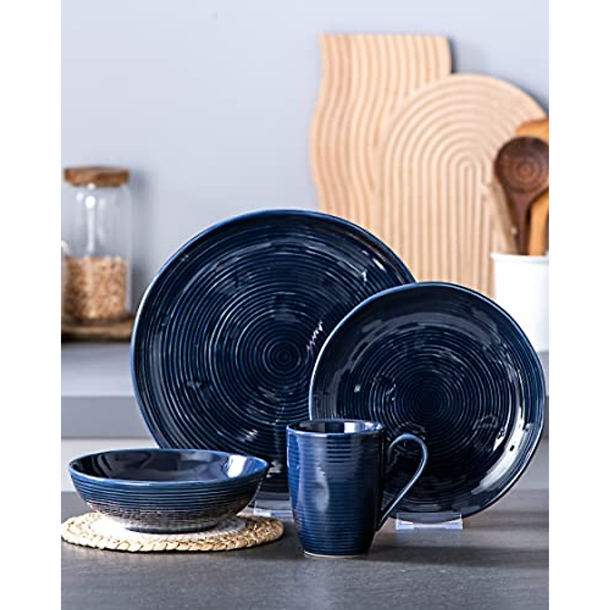 HENXFEN LEAD Coffee Mugs Set of 4-12 Oz Ceramic Coffee Cup with Large Handle for Tea, Milk, Latte and Cocoa, Christmas Mug Gift with Texture Design for Men & Women Microwave Safe, Dark Blue