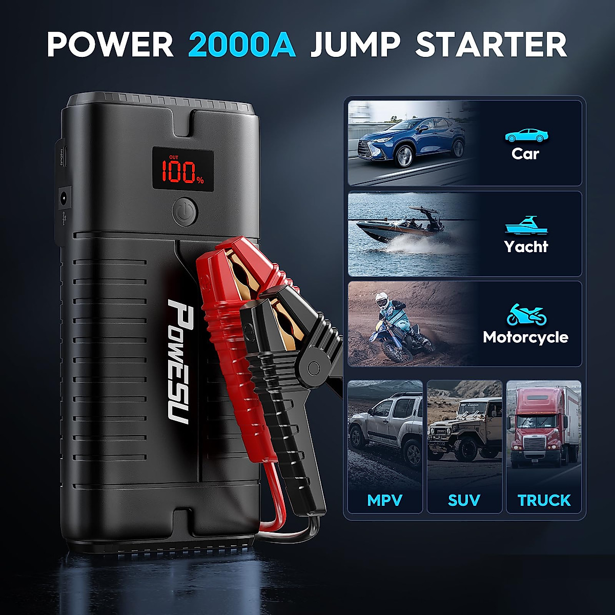 POWESU Jump Starters 2000A 18000mah (Up to 8.0L Gas or 7.5L Diesel Engine) 12V Auto Car Portable Battery Booster Jumper Cable Power Box Pack
