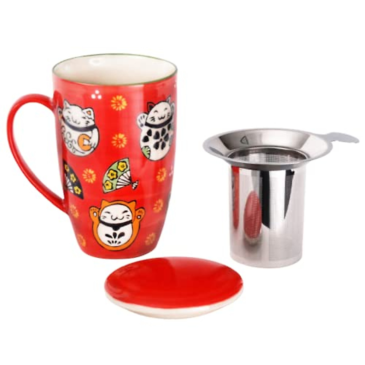 Needzo Lucky Cat Tea Cup with Infuser, Lid and Strainer for Steeping Loose Leaf Teas, Japanese Ceramic Mug, 15 Ounces