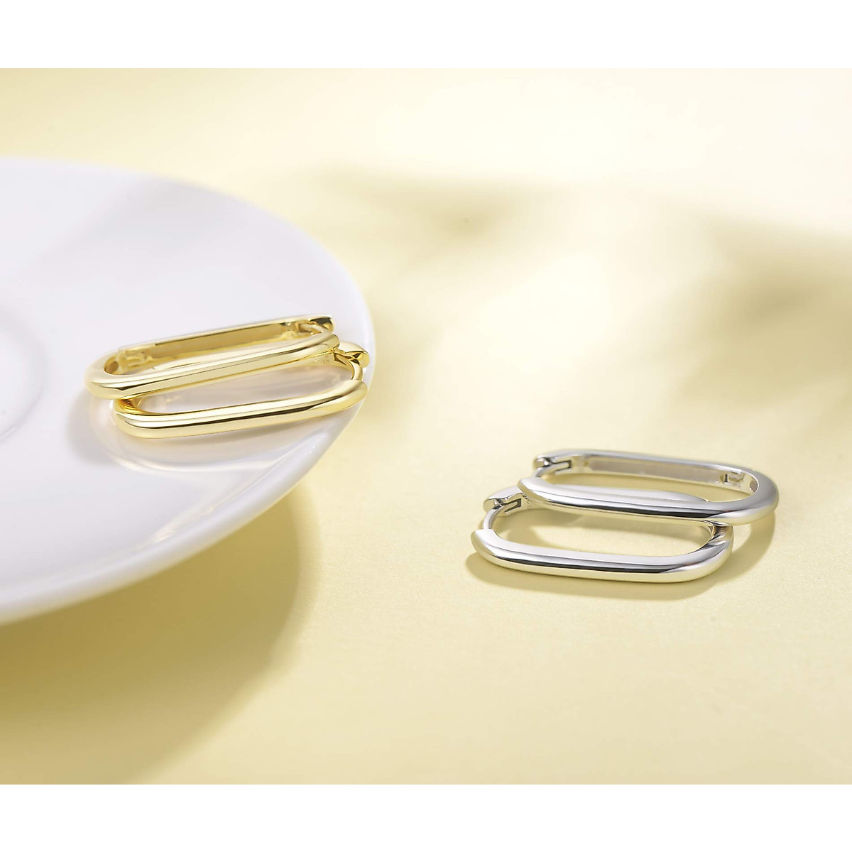 FANCIME Yellow Gold Plated Hoop Earrings 925 Sterling Silver Rectangle Endless Hoops Minimalist Fine Jewelry For Women, 25mm Length