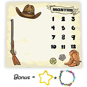 Cowboy Theme Baby Monthly Milestone Blanket, 48x40in Soft Flannel, Gun Boots Hats Nursery Blanket for Newborn Mom Gifts, Baby Shower Age Growth Tracker with Bonus Maker BTZYFS17
