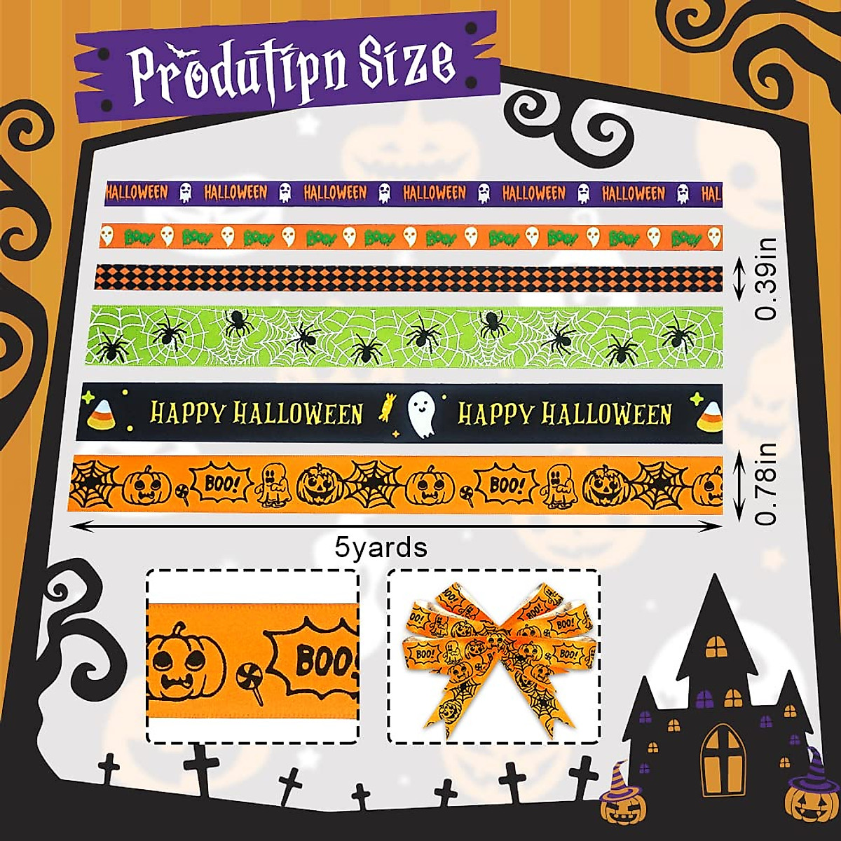 6PCS Satin Ribbons - Halloween Decor Ribbons for Party, Carnival, Gift Wrap, Hanging Decoration - Indoor/Outdoor Craft Supplies - 5 Yards