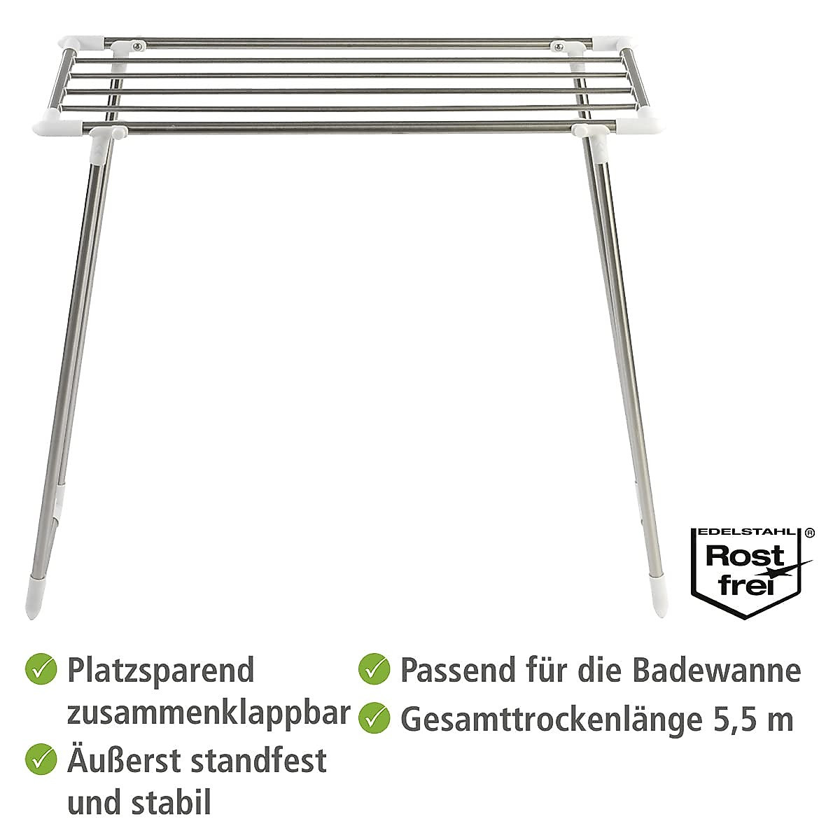 WENKO Clothes Drying Rack, Collapsible Laundry Rack, Indoor and Outdoor Drying Rack, Garment Drying Rack for Balcony, Bathroom, Bedroom, Stainless Steel, 34.3 x 31.1 x 15.4 in, Silver Matt