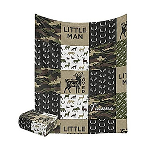 Personalized Little Antler Man Woodland Camouflage Blanket with Name Text Custom Super Soft Fleece Throw Blankets for Couch Sofa Bed 50 X 60 inches